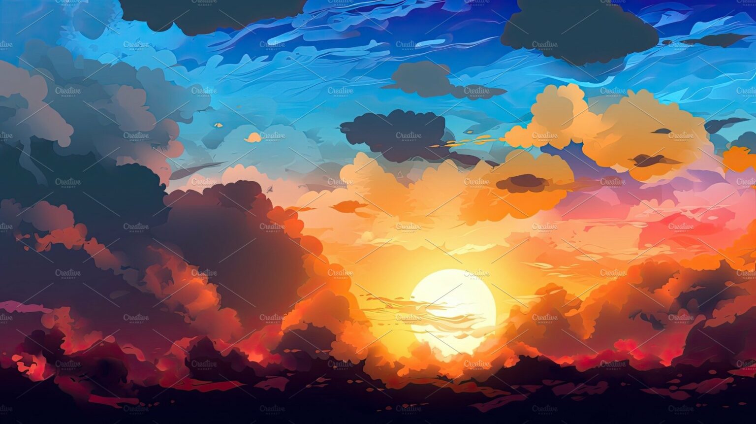 Illustrated sky with clouds, sun, stars, and sunrise or sunset ...