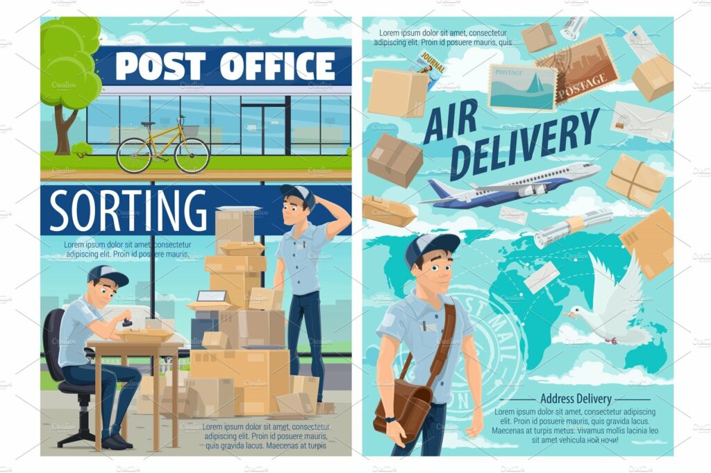 Air mail, postman at post office – MasterBundles