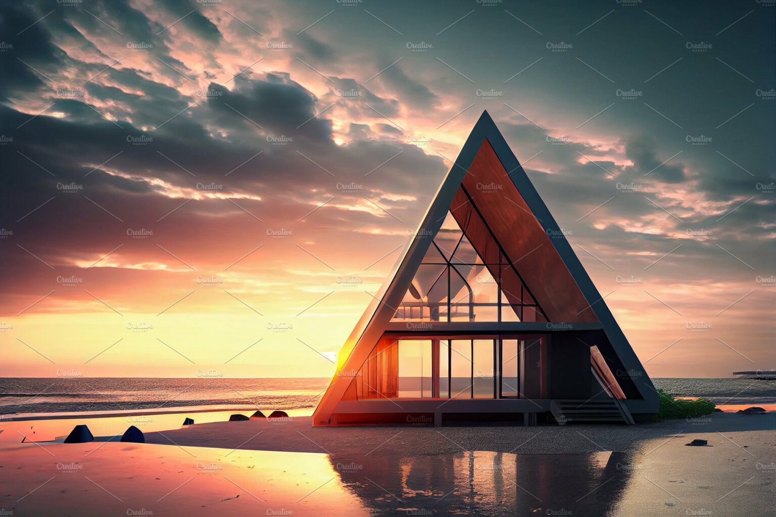 Contemporary triangle shape house on beach at sunset – MasterBundles