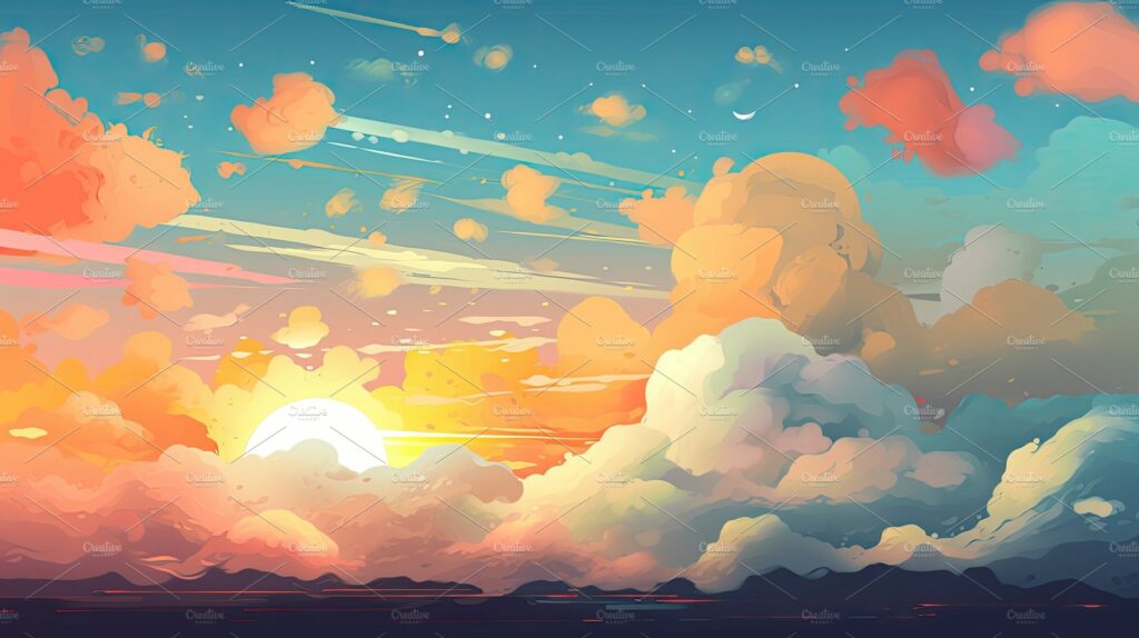 Illustrated sky with clouds, sun, stars, and sunrise or sunset ...