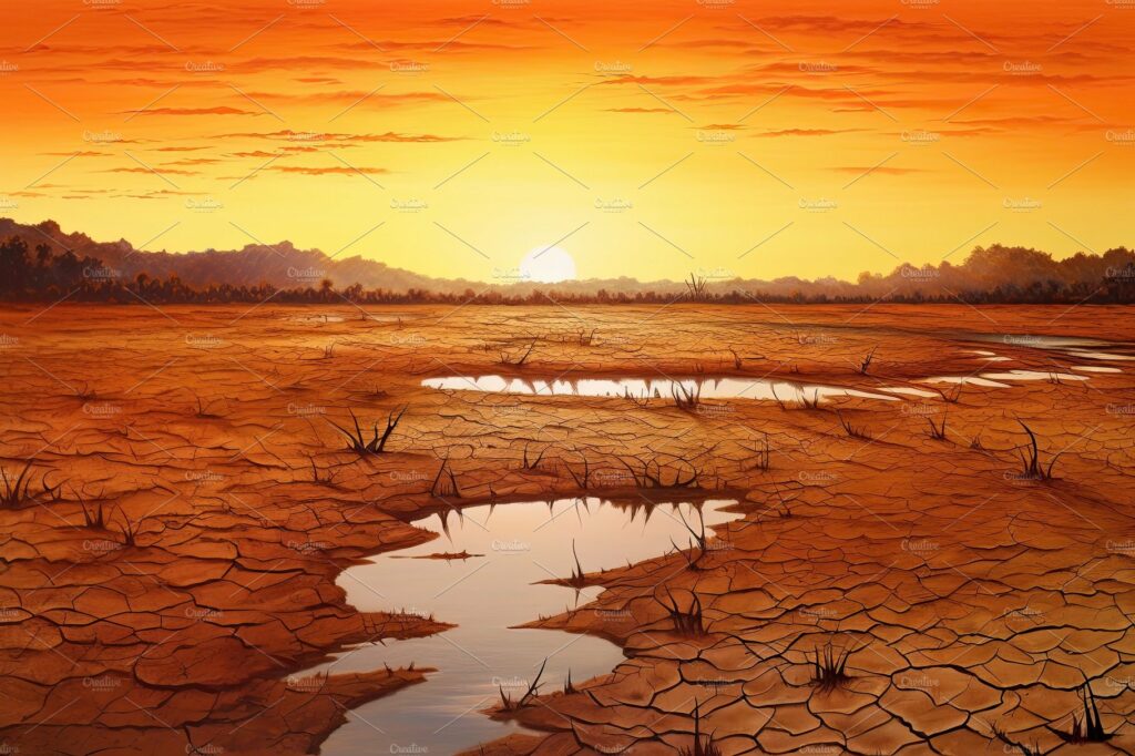 Dry land at sunset, representing drought and lack of water, climate ...