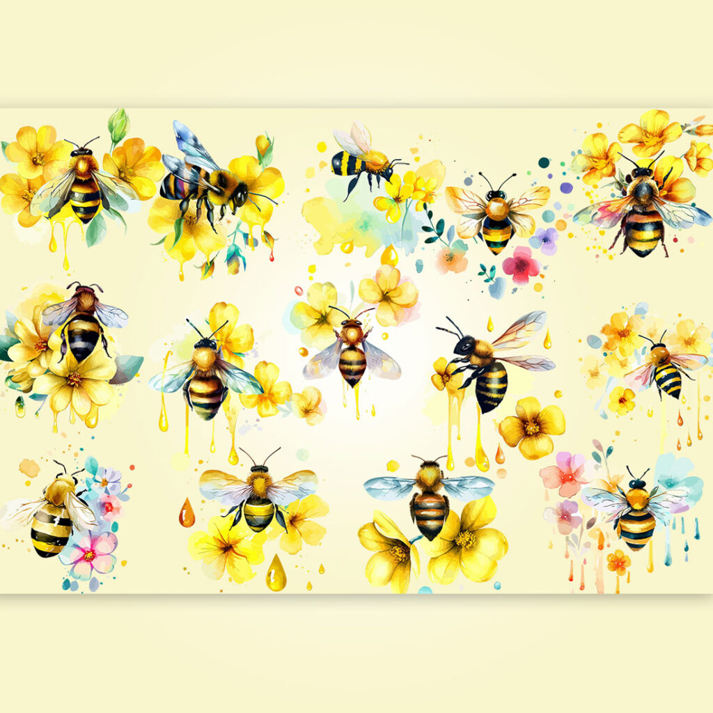 Bee Flowers Watercolor Bundle - MasterBundles