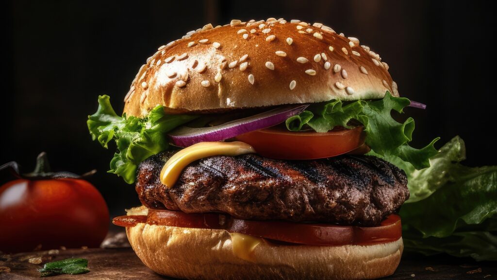 Side View Of A Burger On A Dark Rustic Background With Beef And Cream ...