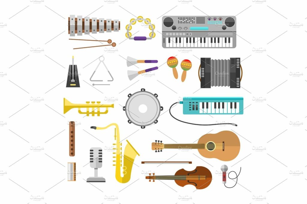 Different music instruments vector musical guitar violin and sound ...