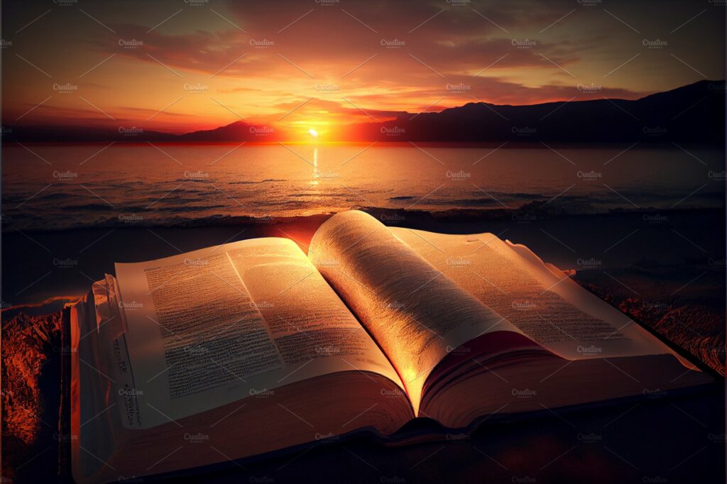 Open Bible on a table with sunset light and sea background – MasterBundles