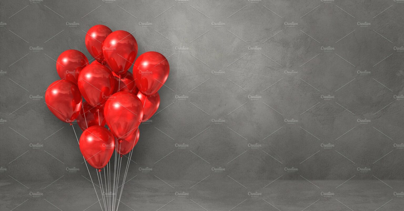 Red balloons bunch on a grey wall background. Horizontal banner ...