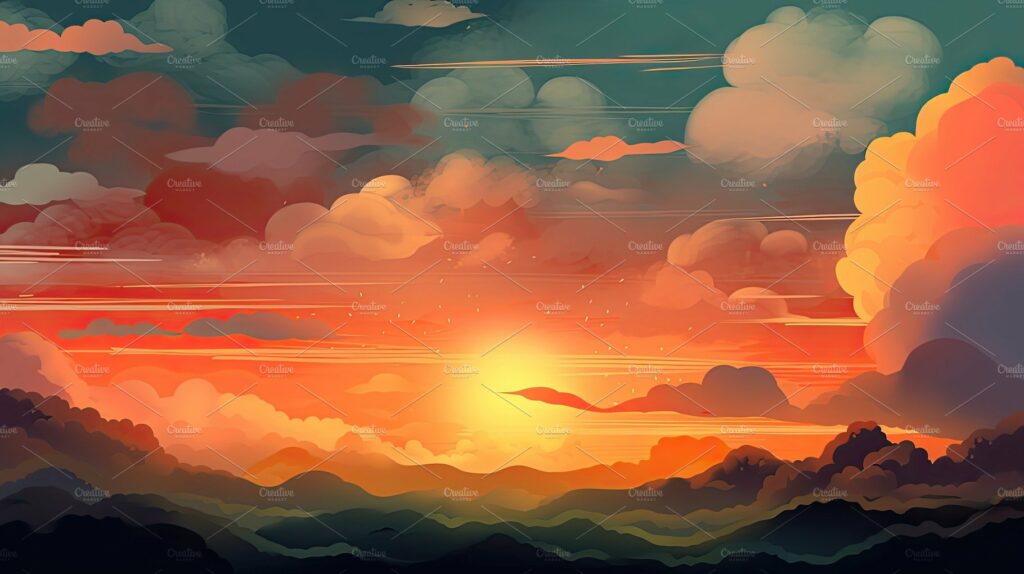 Illustrated sky with clouds, sun, stars, and sunrise or sunset ...