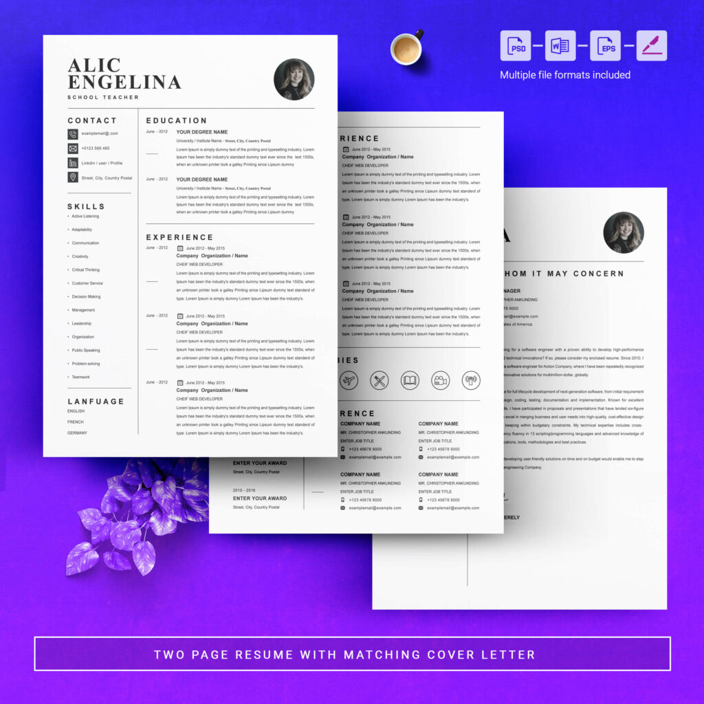 School Teacher Clean & Modern Resume Template | CV Template Word ...