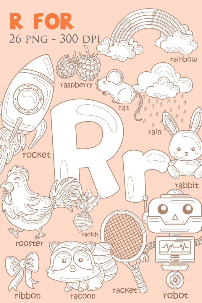 Alphabet R For Vocabulary School Lesson Rocket Robot Rat Rabbit Radish ...