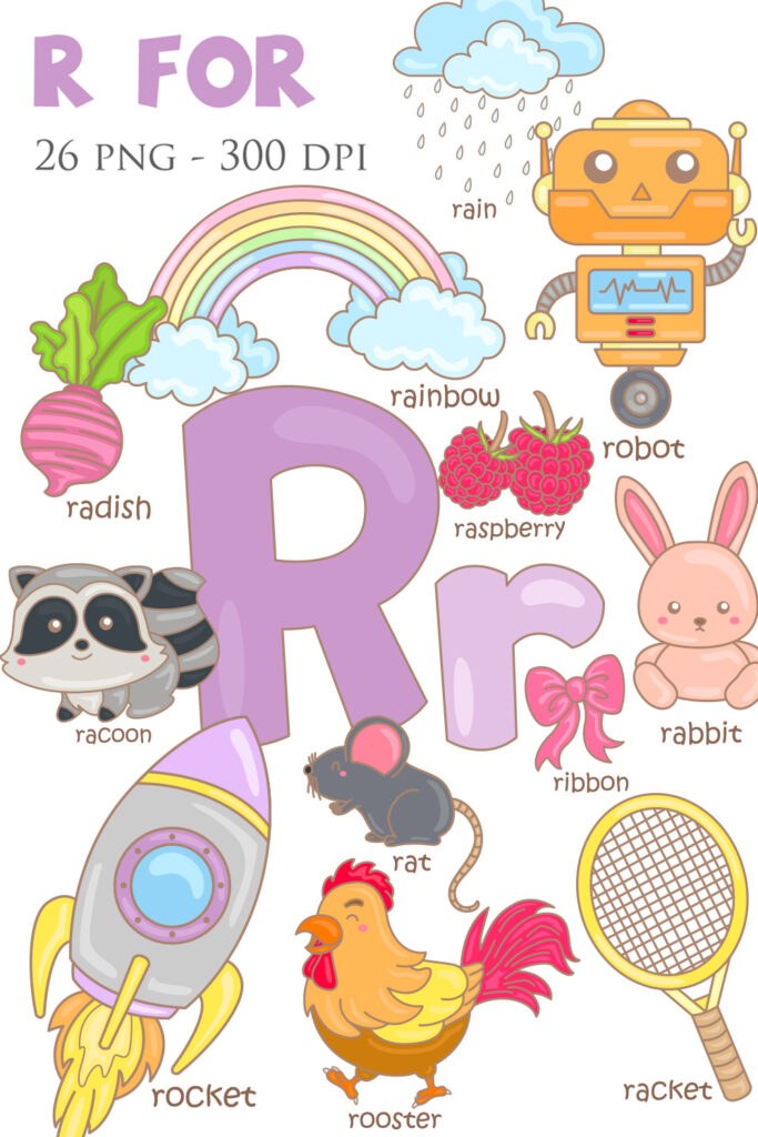 Alphabet R For Vocabulary School Lesson Rocket Robot Rat Rabbit Radish ...