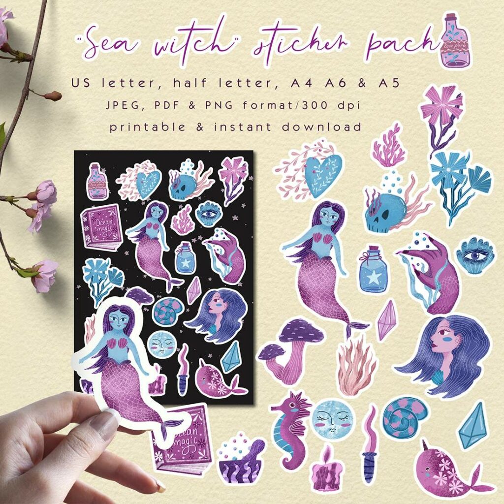Sea witch magical mermaid sticker pack - MasterBundles