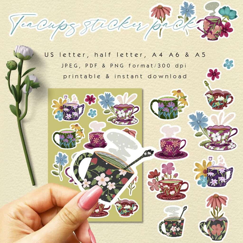 Floral teacup sticker pack - MasterBundles