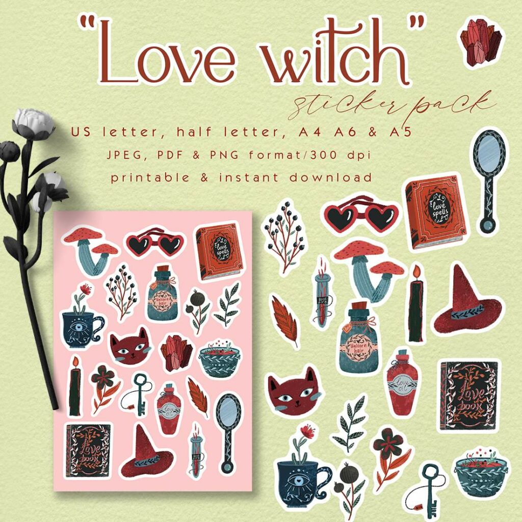 Modern love witch sticker pack - MasterBundles