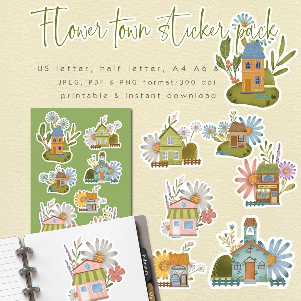 Cute floral house sticker pack - MasterBundles