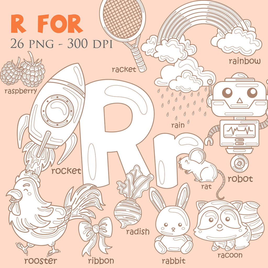 Alphabet R For Vocabulary School Lesson Rocket Robot Rat Rabbit Radish ...