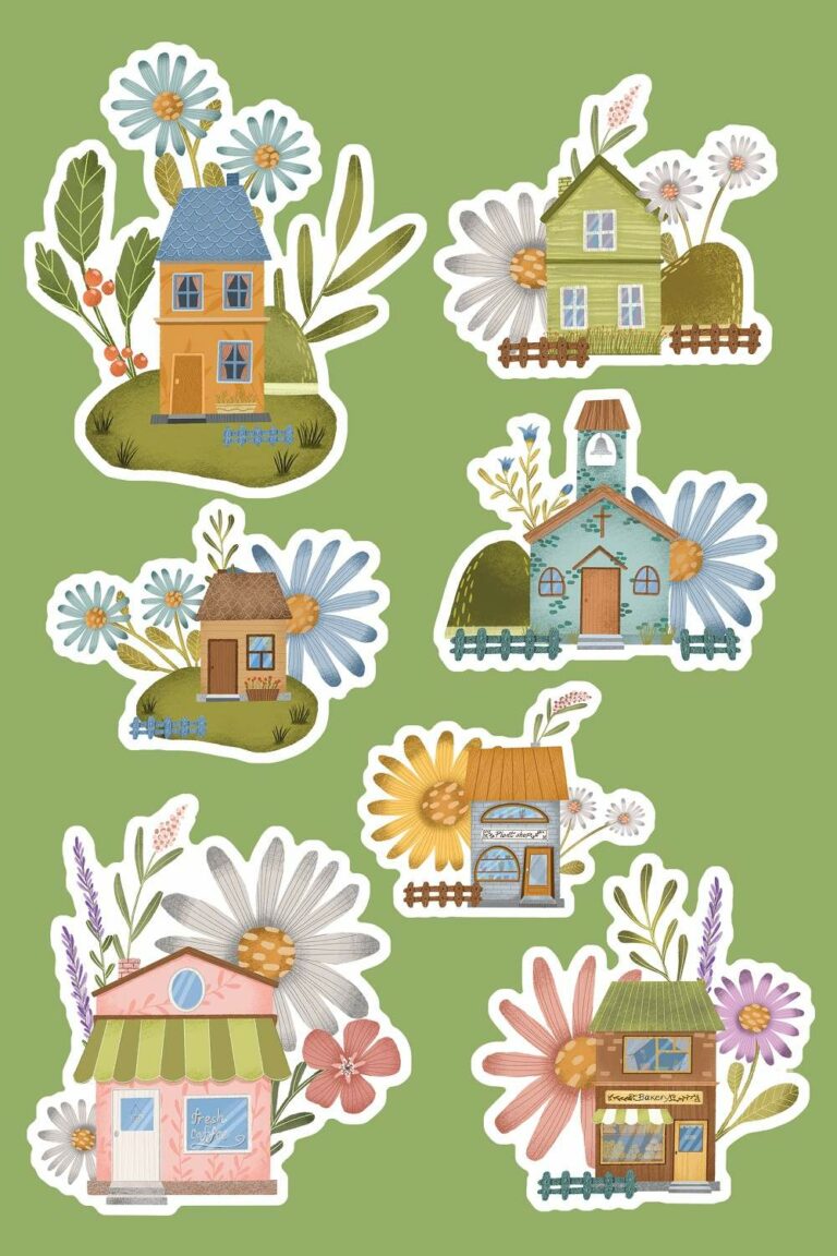 Cute floral house sticker pack - MasterBundles