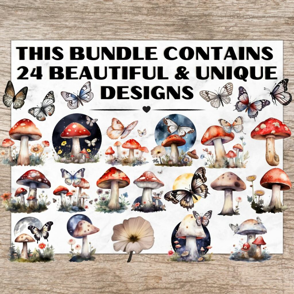 24 Forestcore Mushroom & Butterfly Bundle, Watercolor Clipart ...