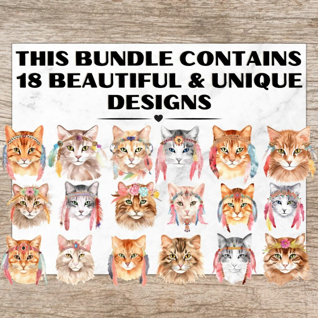 18 Boho Style Feather Cats PNG, Watercolor Clipart, Boho Cats ...