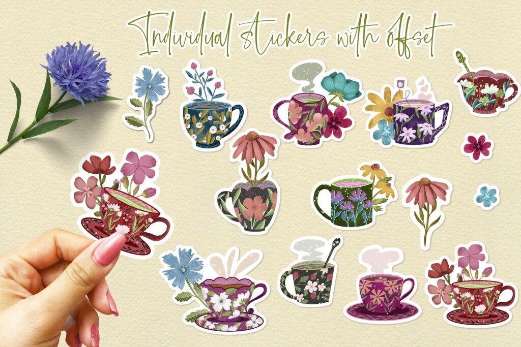 Floral teacup sticker pack - MasterBundles