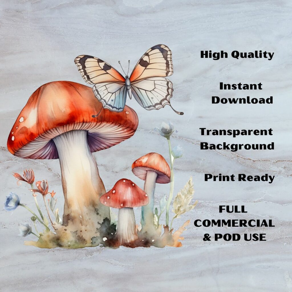 24 Forestcore Mushroom & Butterfly Bundle, Watercolor Clipart ...