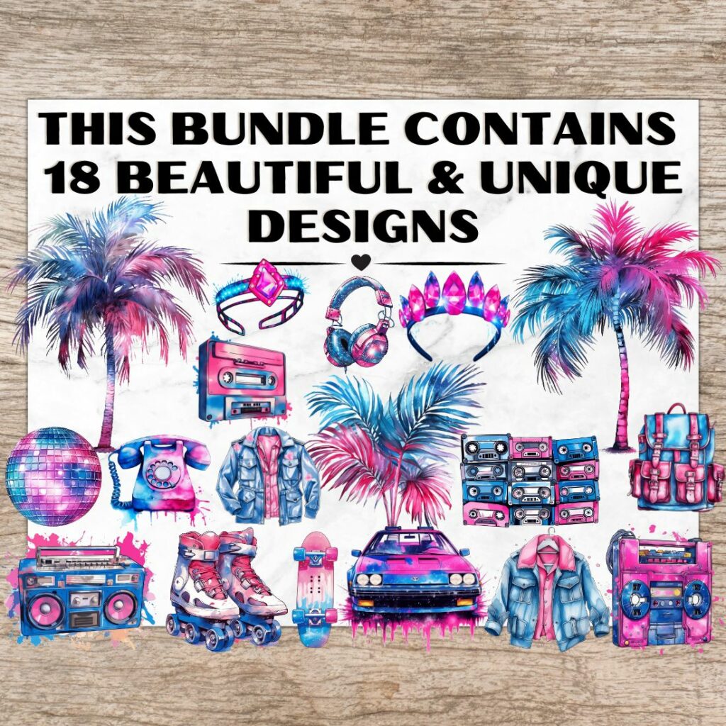 18 Pink Blue 80s Elements PNG, 80s Watercolor Clipart, 80s Cassette ...