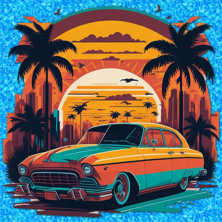 Classic car with Miami sunset view design for T-Shirt ,stock image ...