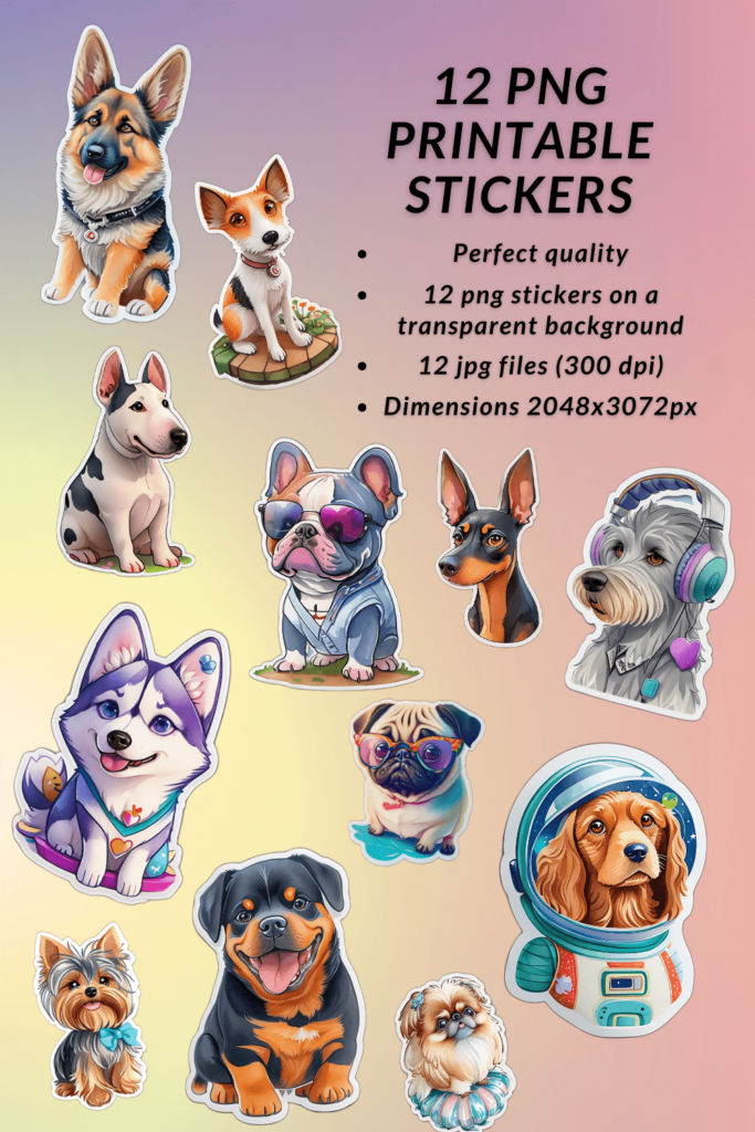 Buy sticker pack - Happy Furry Friends (cute dogs) | 12 Png Stickers
