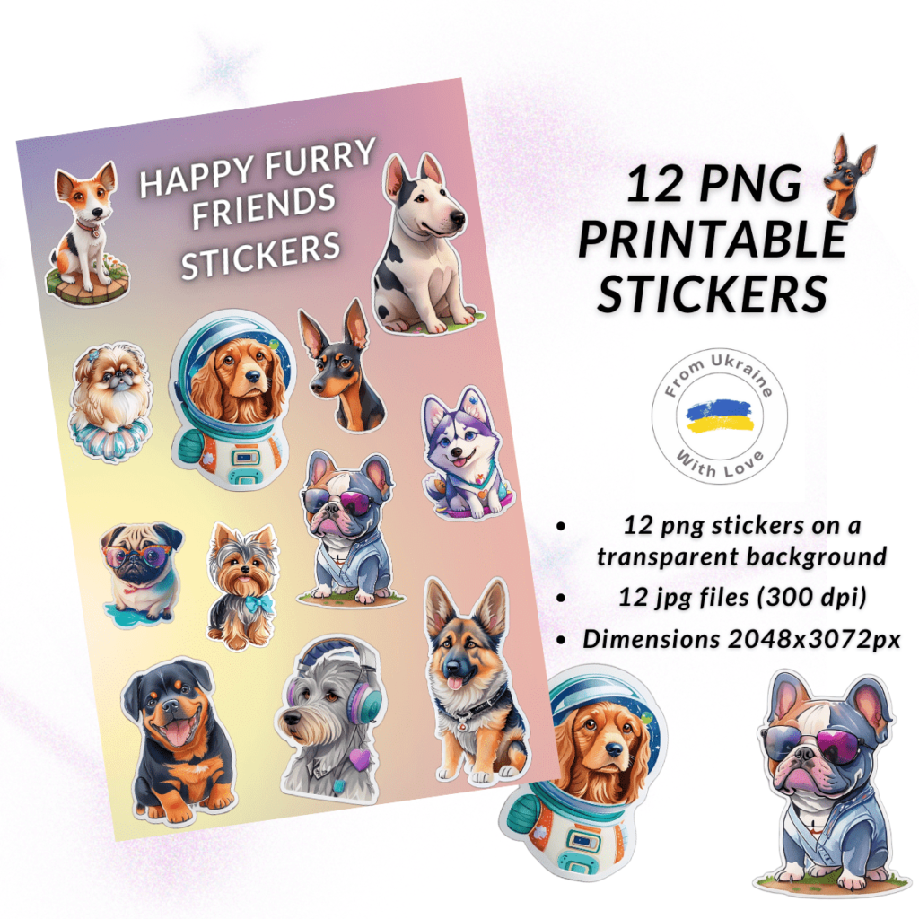 Buy sticker pack - Happy Furry Friends (cute dogs) | 12 Png Stickers