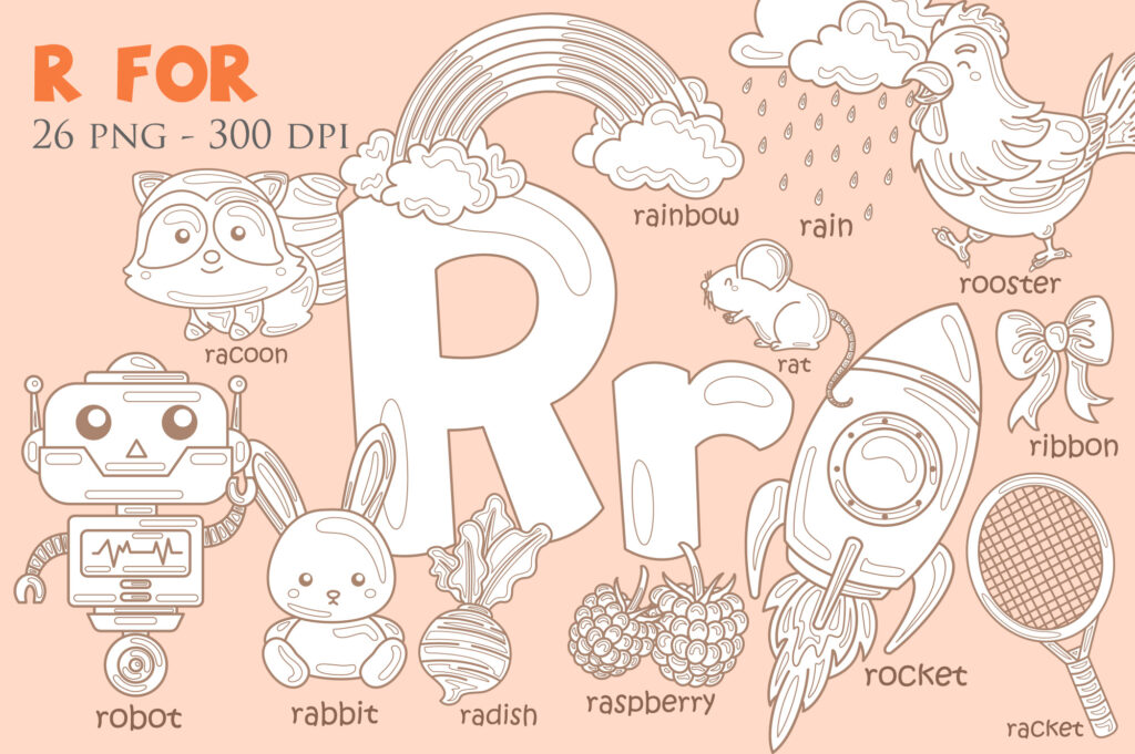 Alphabet R For Vocabulary School Lesson Rocket Robot Rat Rabbit Radish ...