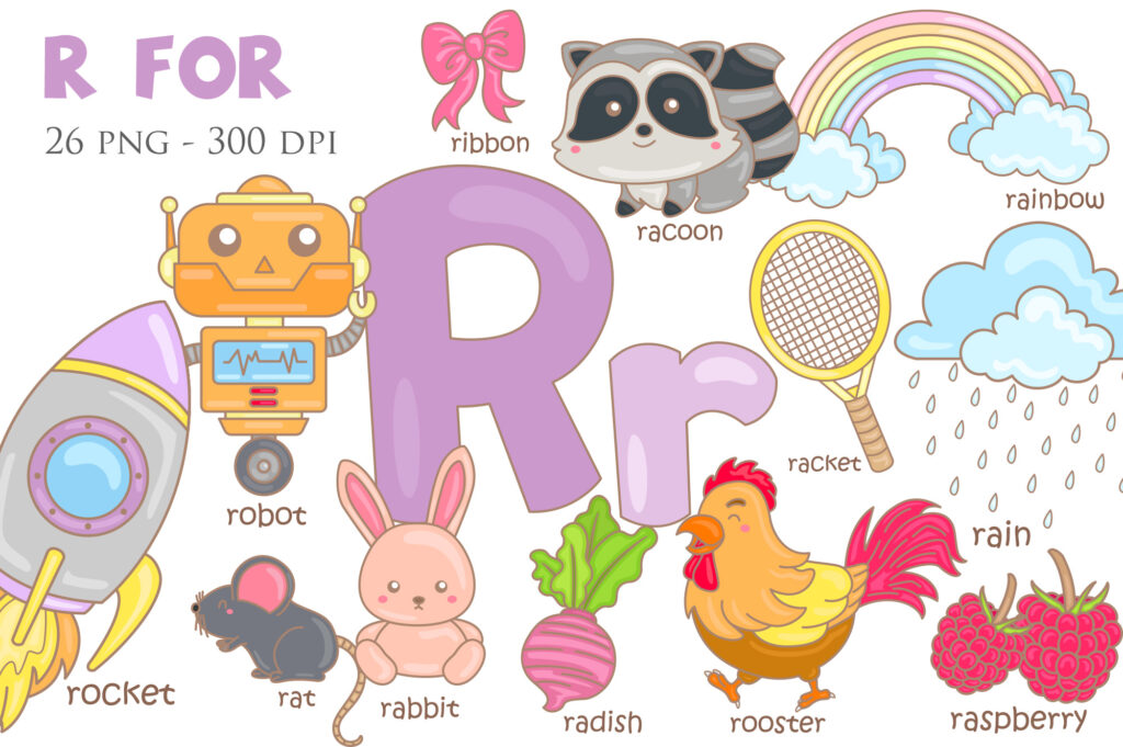 Alphabet R For Vocabulary School Lesson Rocket Robot Rat Rabbit Radish ...