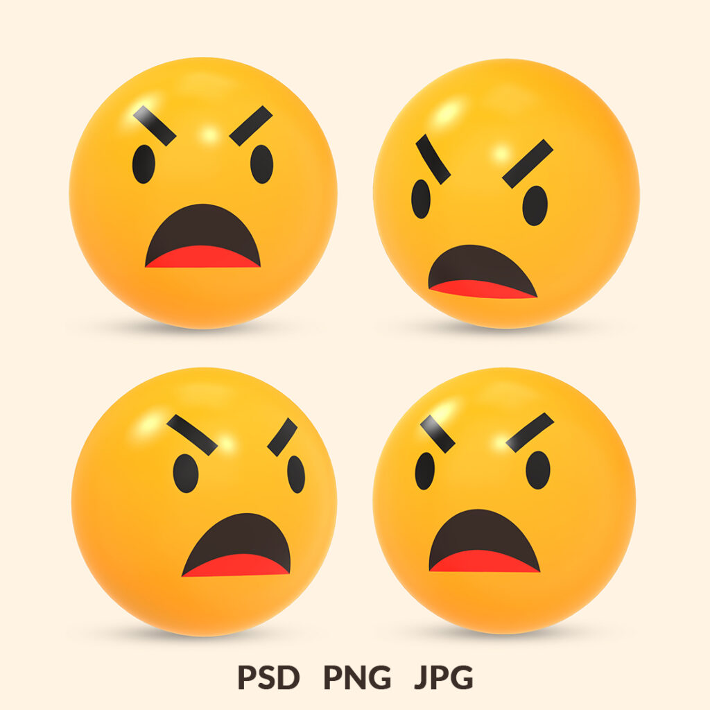 3D rendered social media icon of angry emoji reaction with different ...