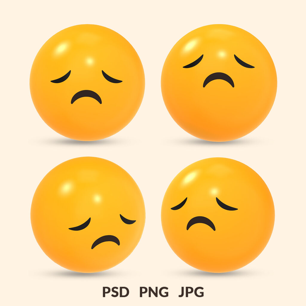 3D rendered social media icon sad unhappy emoji reaction with different ...