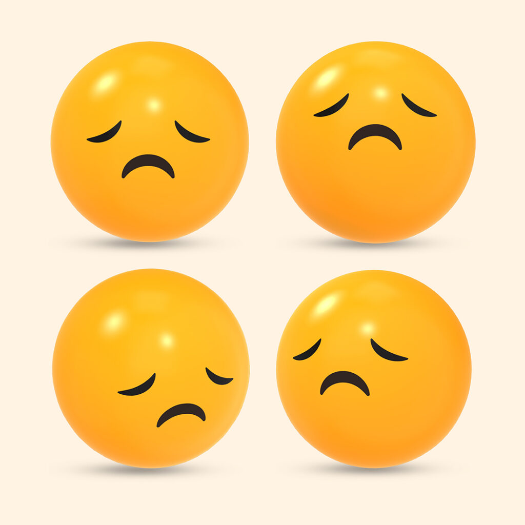 3D rendered social media icon sad unhappy emoji reaction with different ...