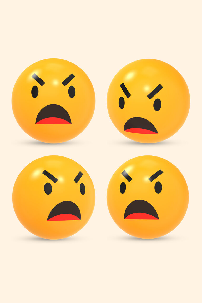3D rendered social media icon of angry emoji reaction with different ...