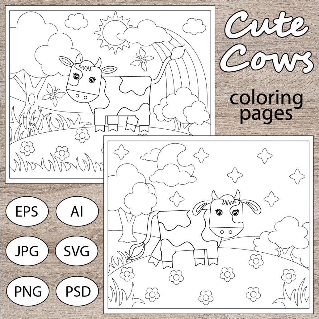Cute Cows - 2 coloring pages for kids - MasterBundles