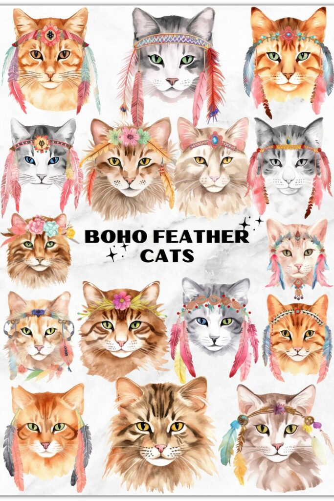 18 Boho Style Feather Cats PNG, Watercolor Clipart, Boho Cats ...