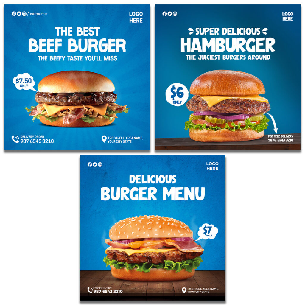 3 Delicious Burger Menu Restaurant Social Media Templates - MasterBundles