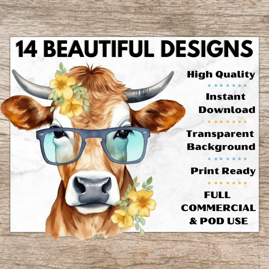 14 Summer Cow With Sunglasses PNG, Cow with glasses, Watercolor Clipart ...