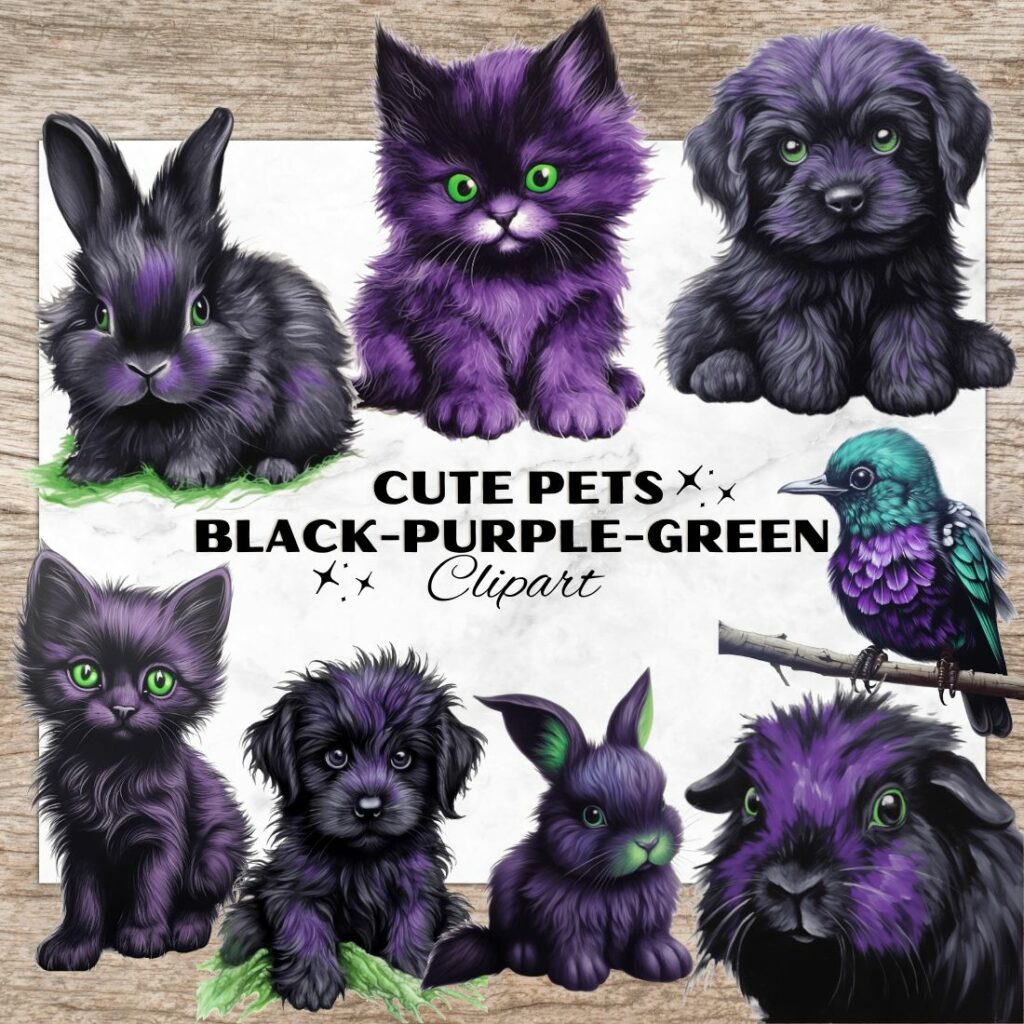 15 Cute Pets PNG, Pets Watercolor Clipart, Black Purple Green Pets ...