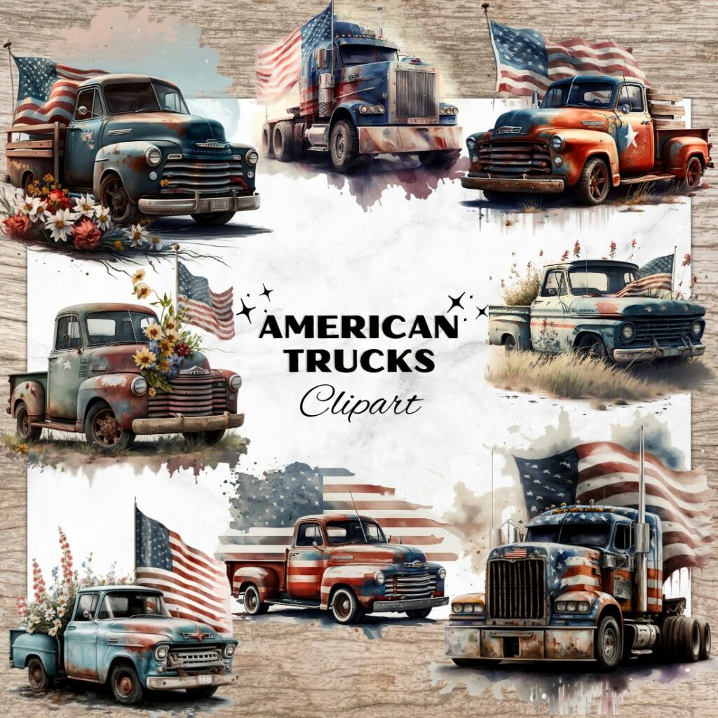 11 American 4th of July Truck PNG, American Trucks Watercolor Clipart ...