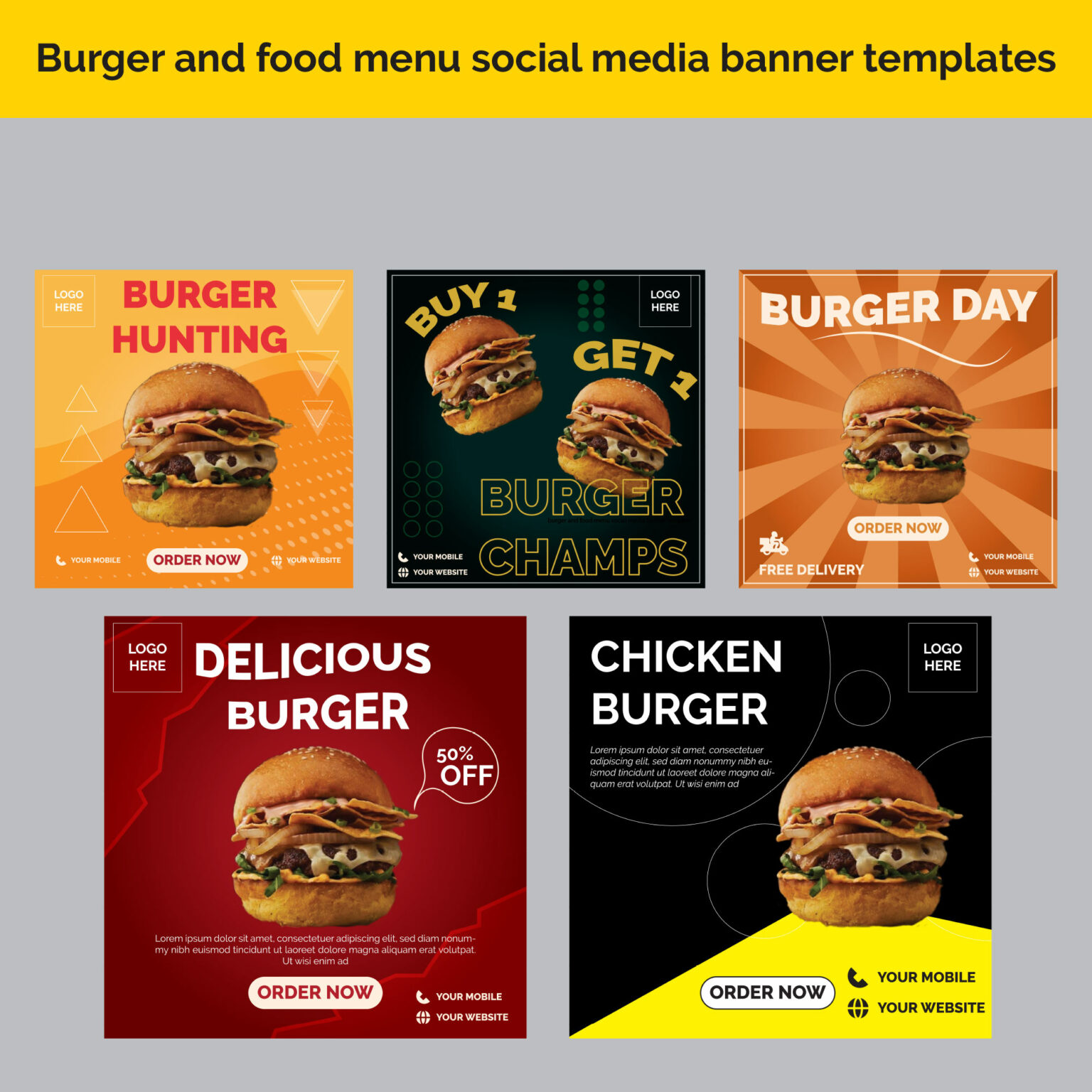 Burger and food menu social media banner templates - MasterBundles