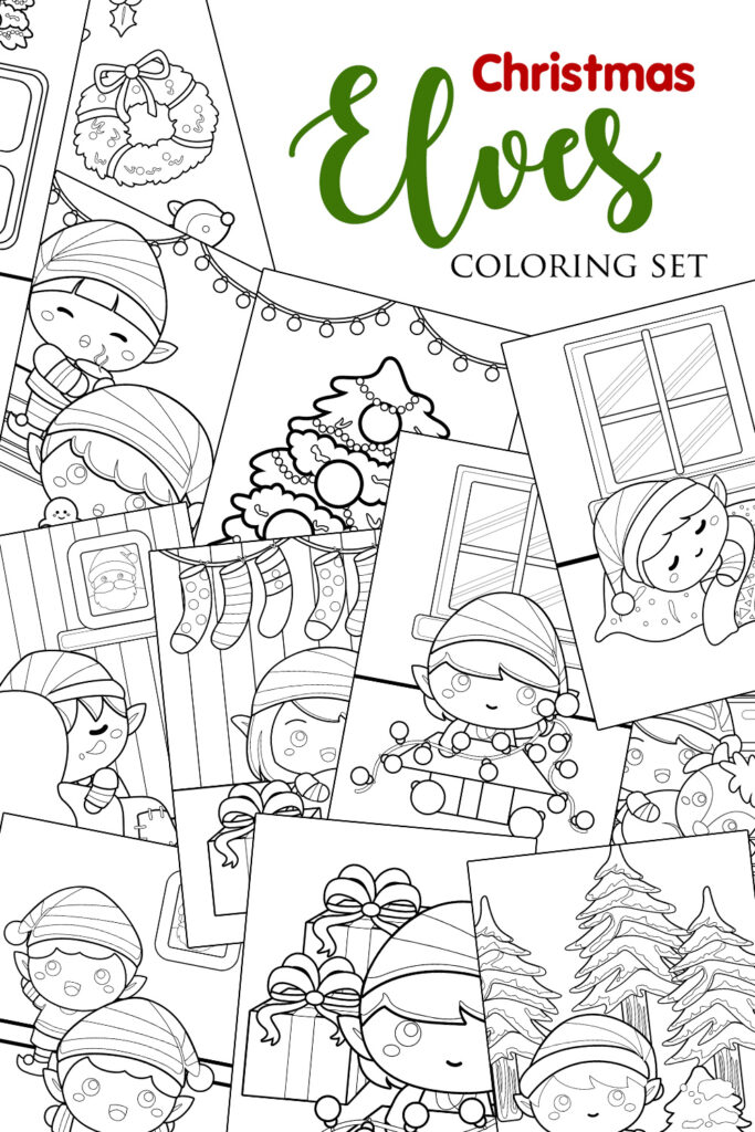 Cute Christmas Elf Kids Boy and Girl at Home and Decoration Outline ...