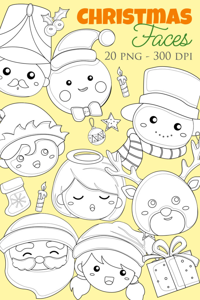 Cute Christmas Faces Elf Snowman Deer Animal Girl Kids Angel Cartoon ...