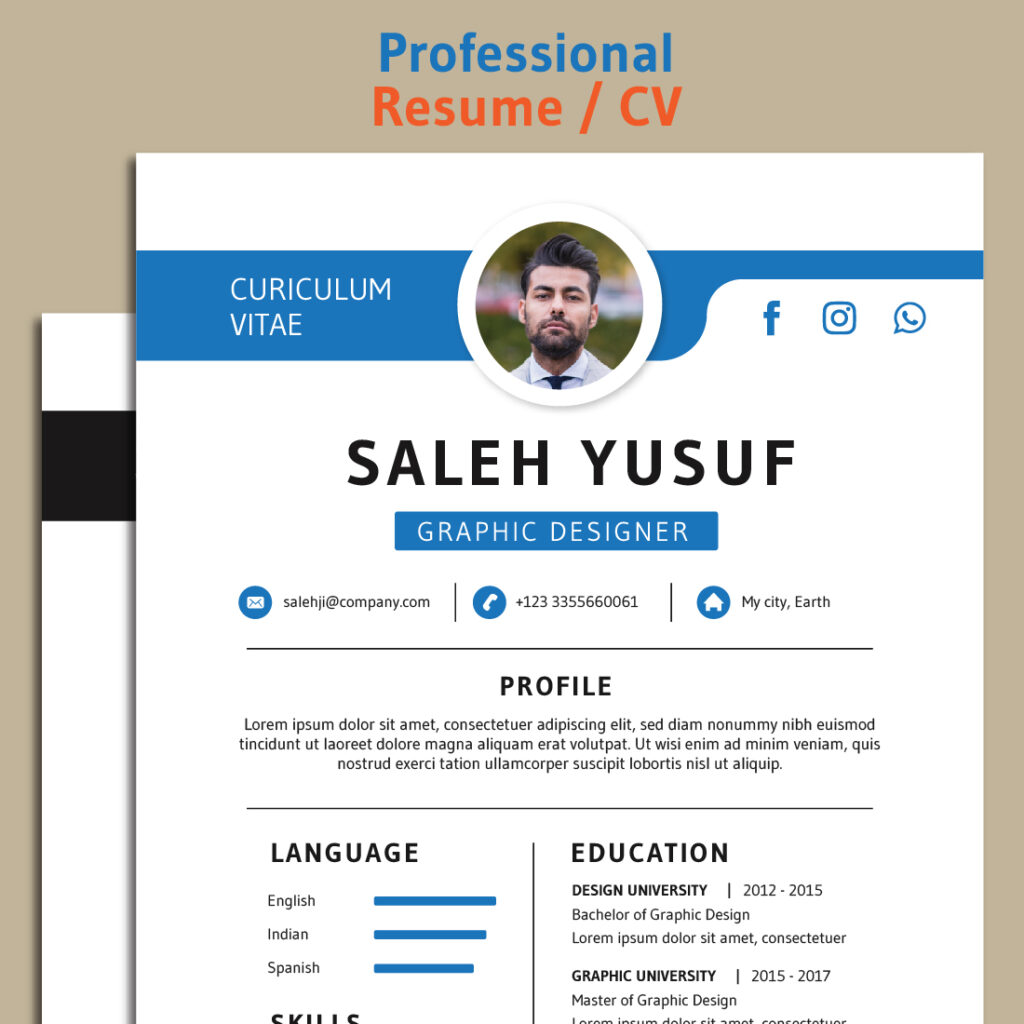 Professional Resume Template For Graphic Designers | CV Template | Blue ...