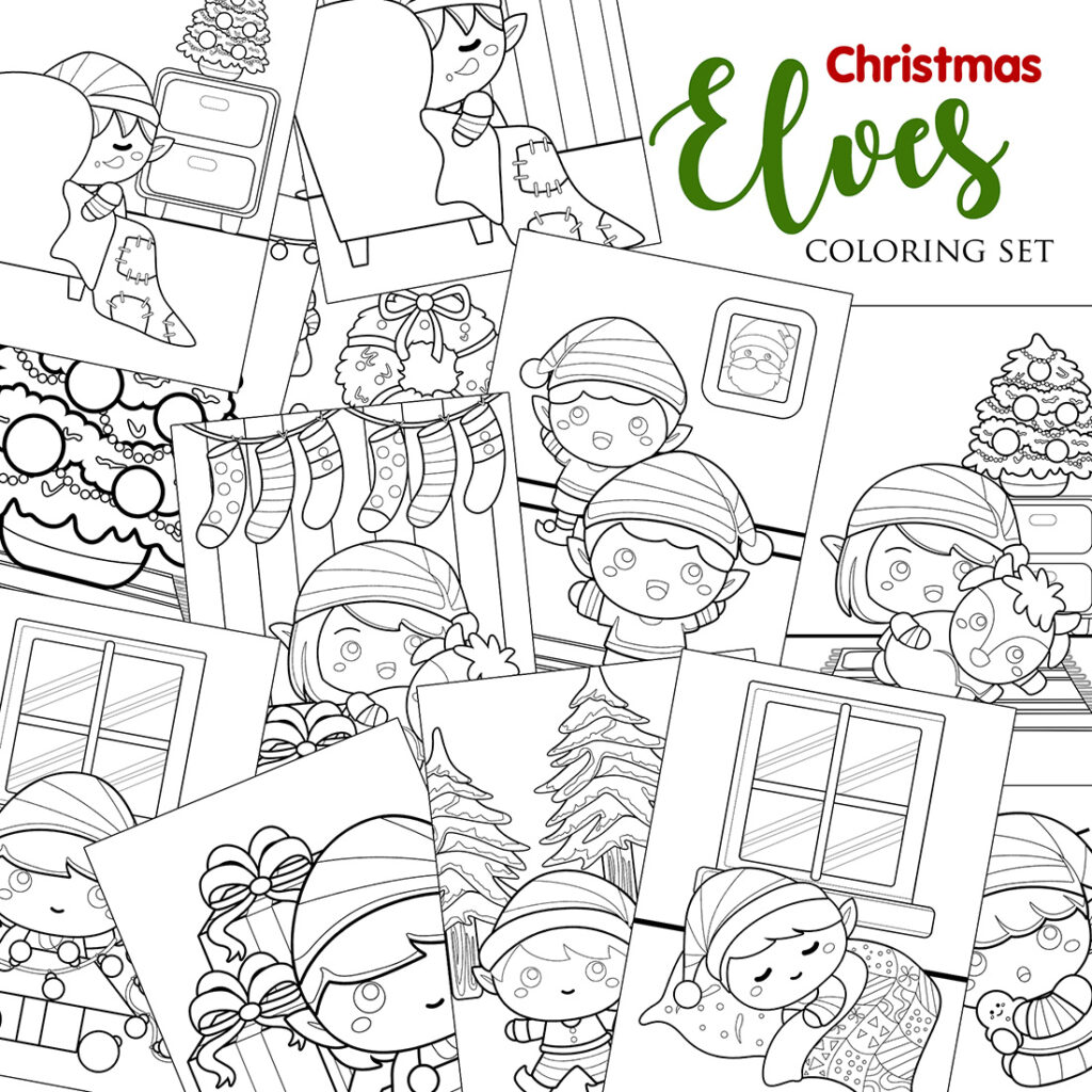 Cute Christmas Elf Kids Boy and Girl at Home and Decoration Outline ...