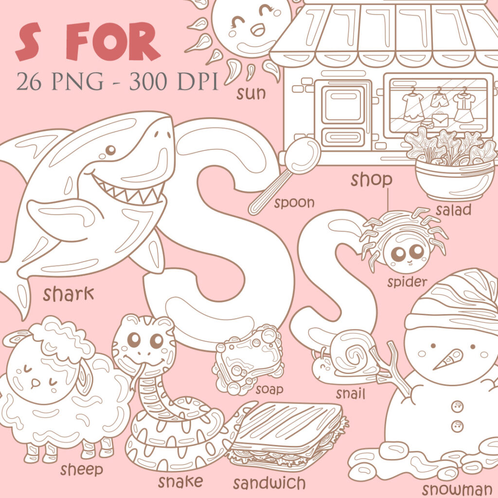 Alphabet S For Shark Sandwich Soap Snail Snake Salad Spoon Snowman ...