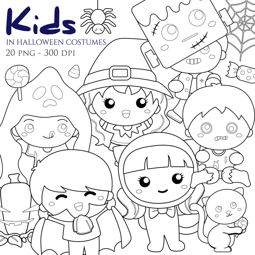 Kids Halloween Party Costume Cartoon Digital Stamp Outline Ghost Witch ...