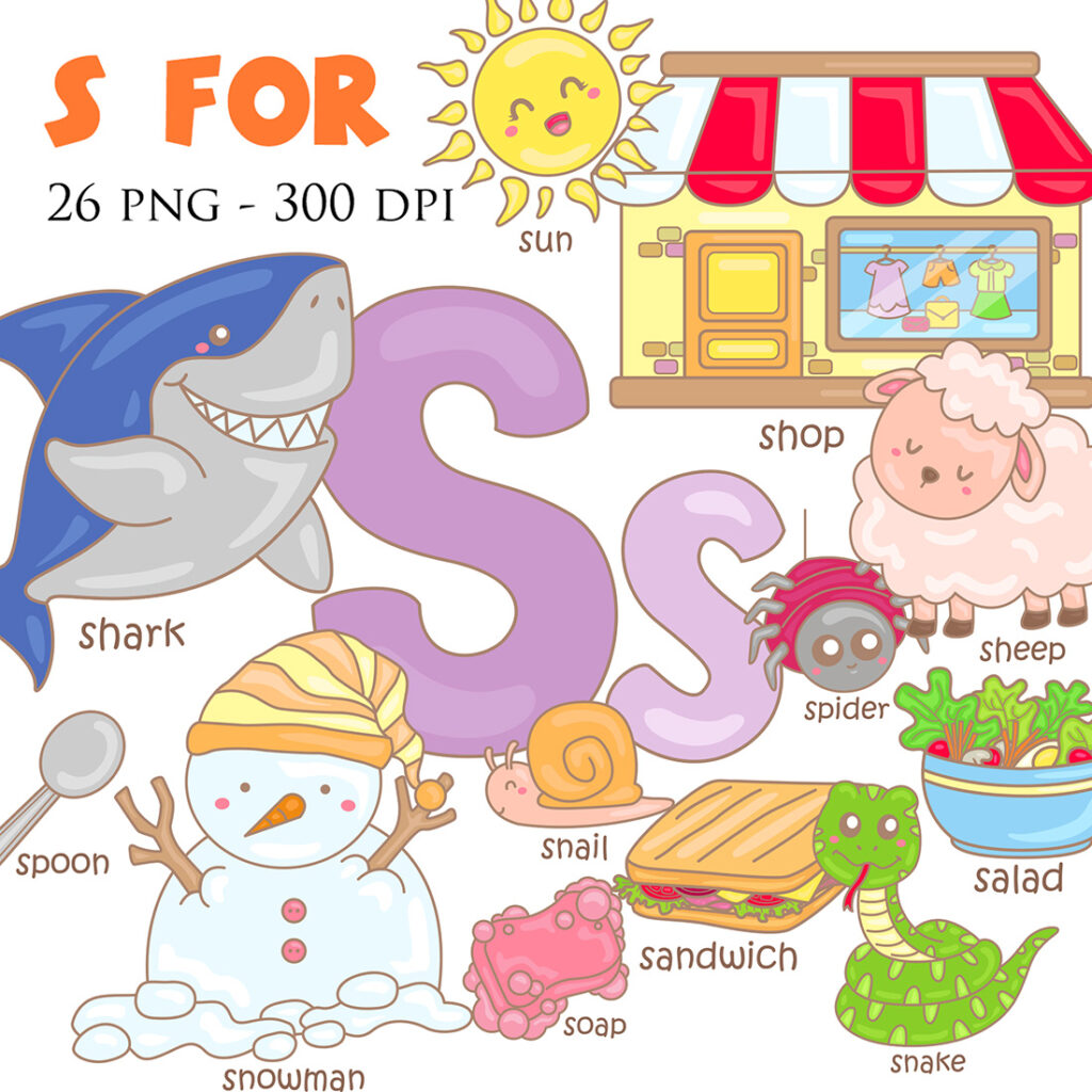 Alphabet S For Shark Sandwich Soap Snail Snake Salad Spoon Snowman ...