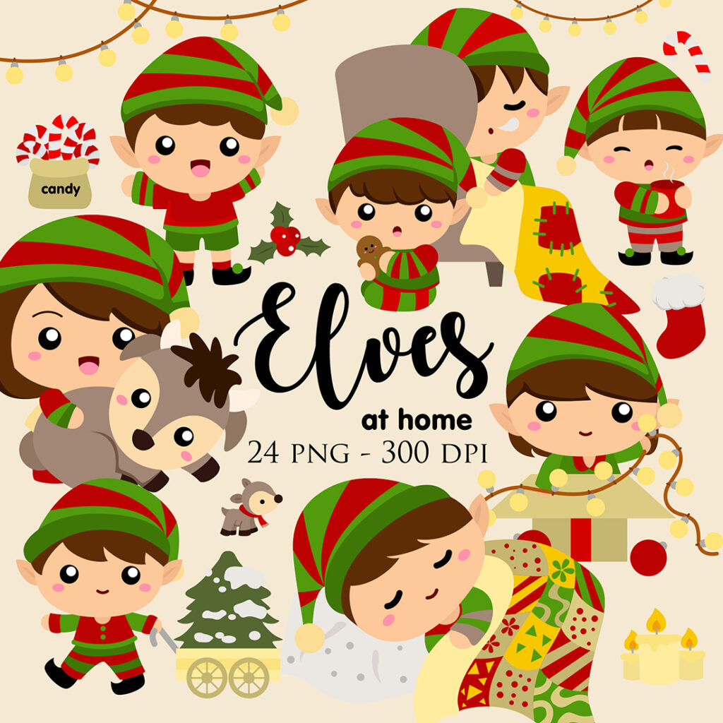 Colorful Christmas Elf Kids Girl Boy Character At Home Cartoon ...