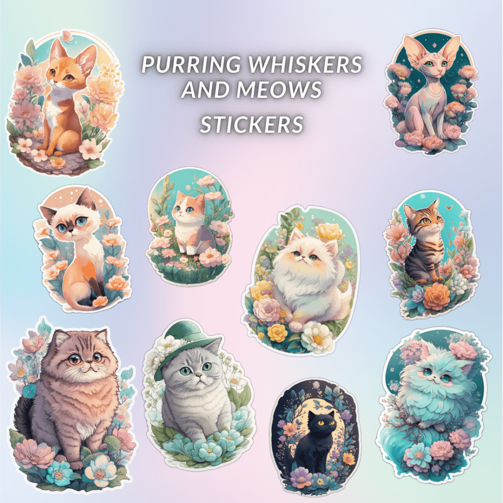 Buy sticker pack cute cats - Purring Whiskers and Meows | 10 Png Stickers